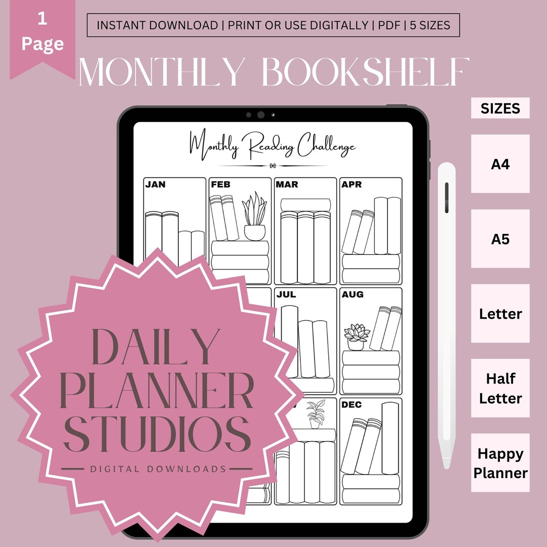 Monthly Bookshelf Reading Log, Printable Book Tracker, Digital Reading ...