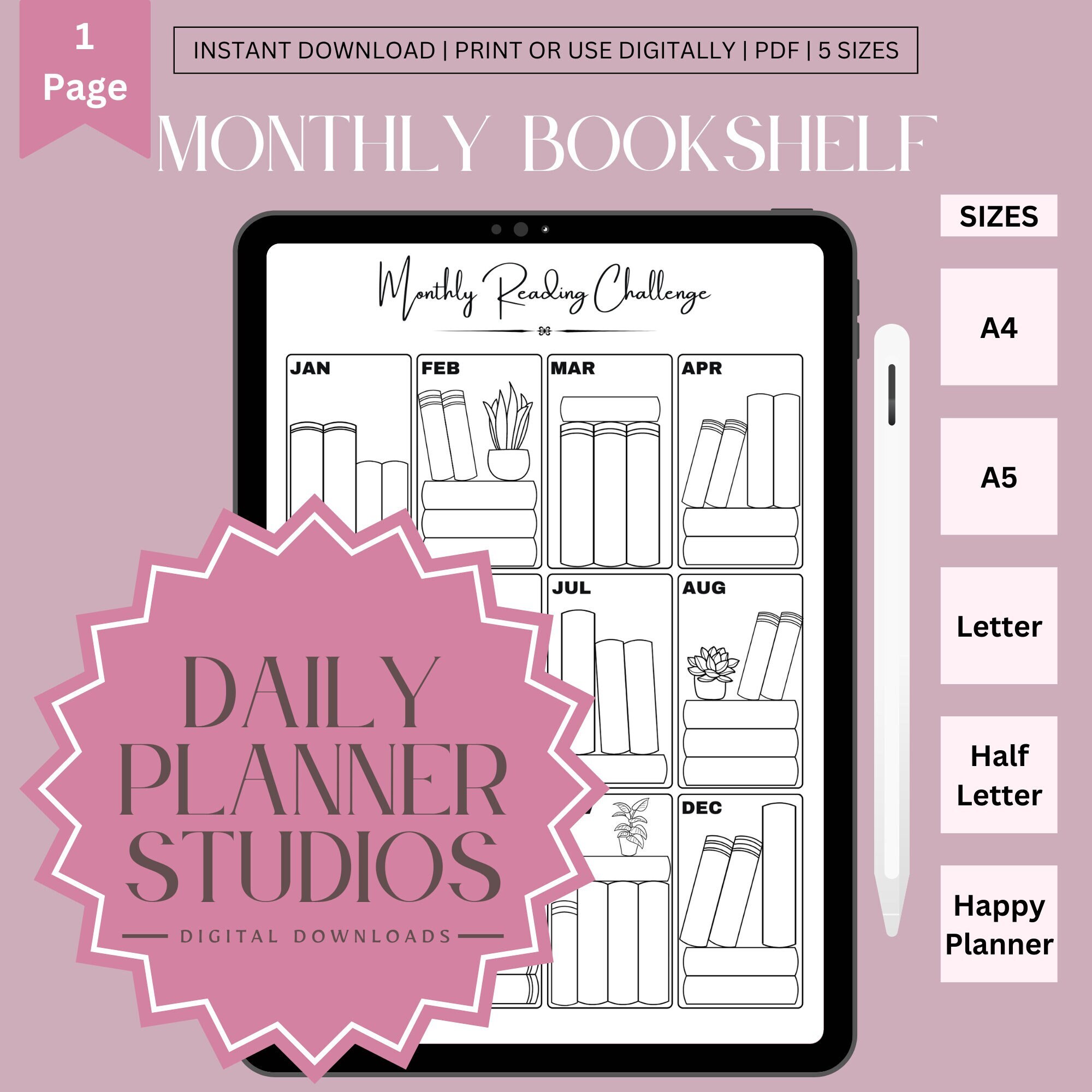 Monthly Bookshelf Reading Log, Printable Book Tracker, Digital Reading ...