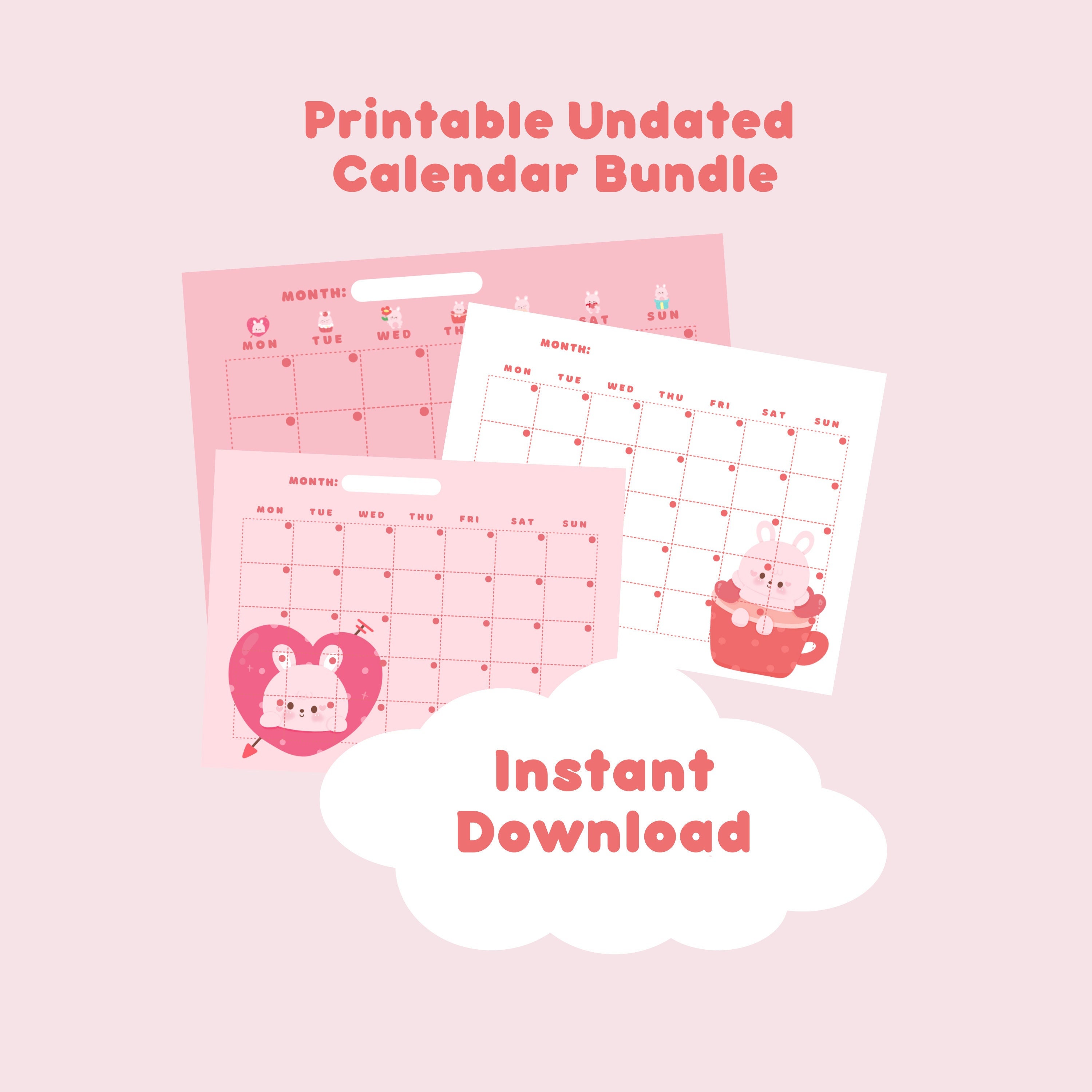 Cute Printable Calendar, Cute Pink Calendar, Kawaii Printable Calendar ...
