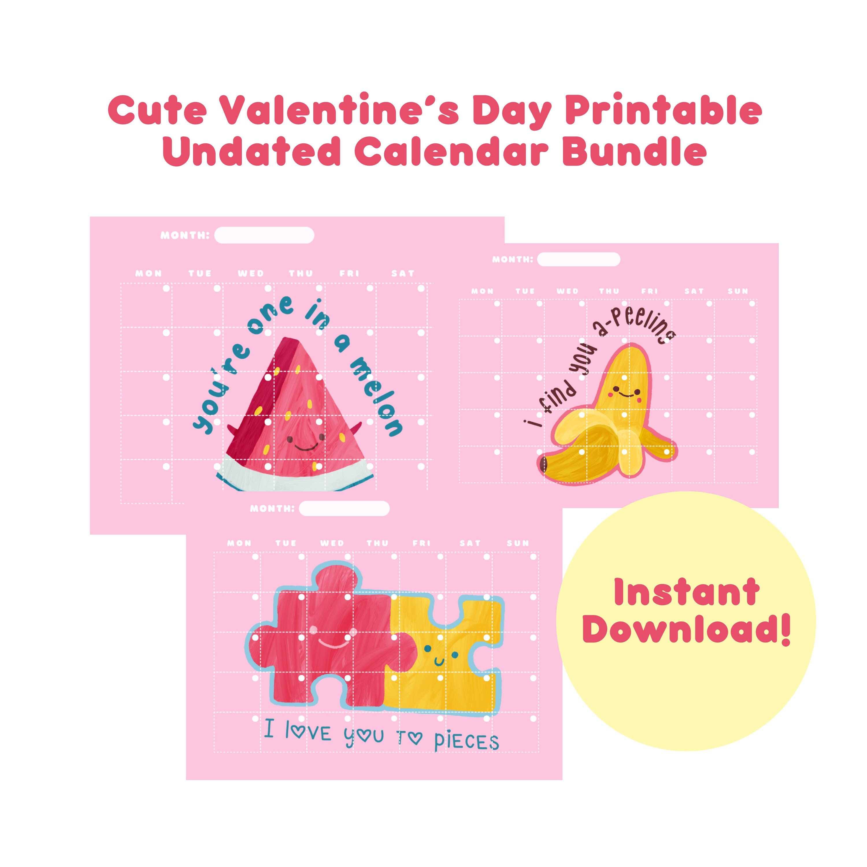 Cute Printable Undated Calendar Cute Valentines Calendar Kawaii ...