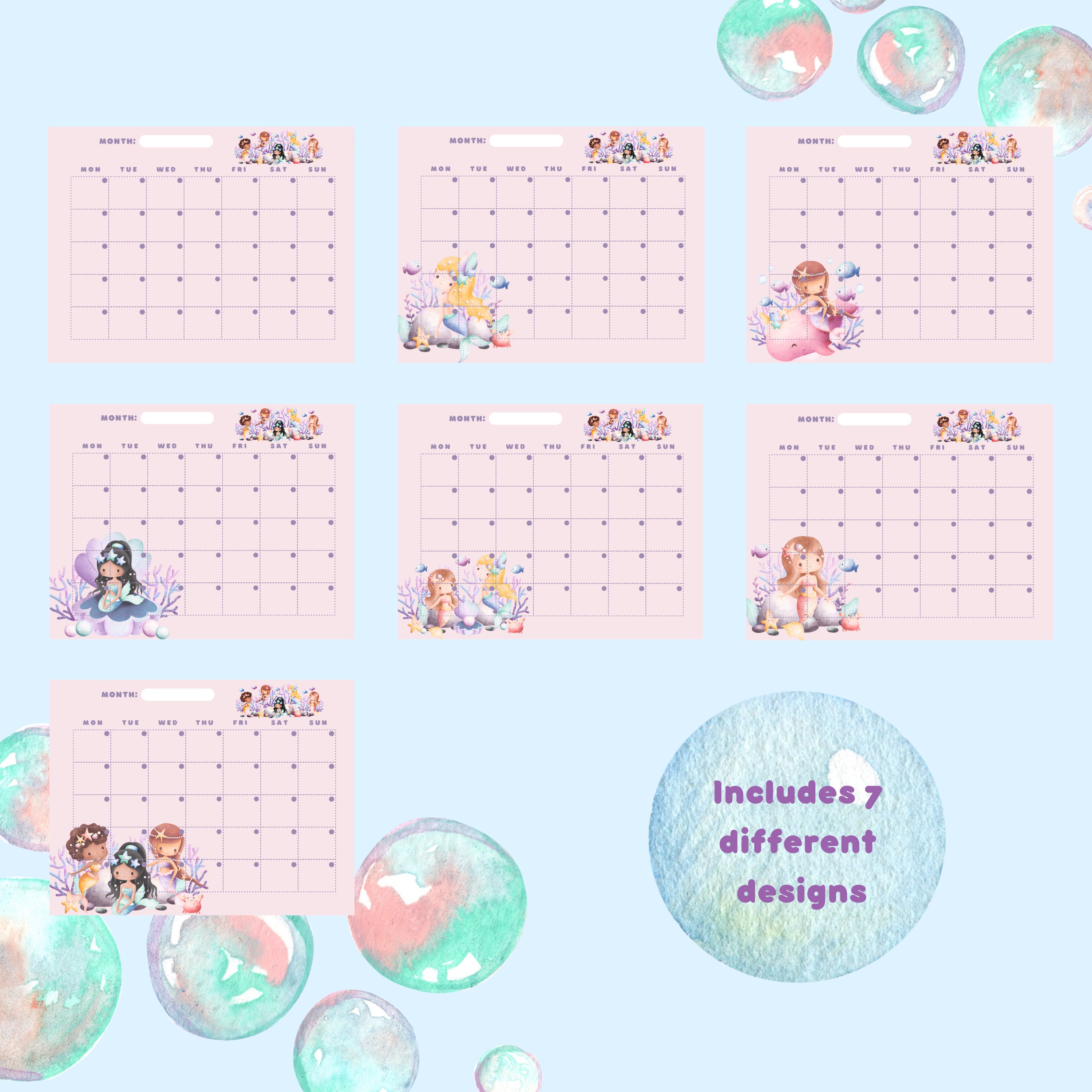 Mermaid Cute Printable Undated Calendar | Cute Animal Calendar | Kawaii ...