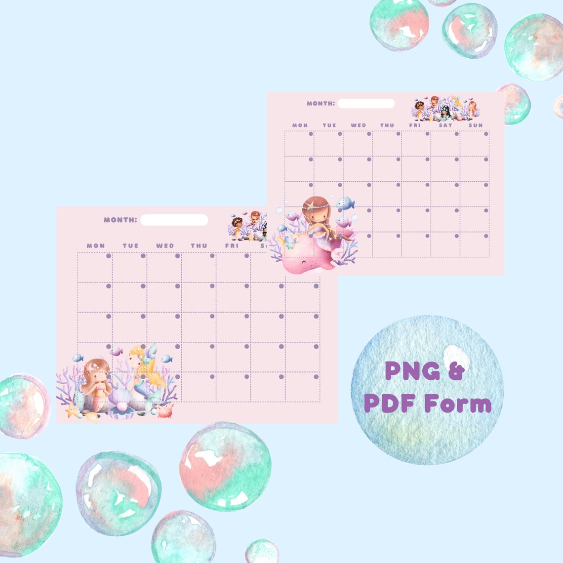 Mermaid Cute Printable Undated Calendar | Cute Animal Calendar | Kawaii ...
