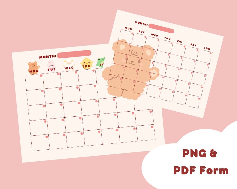 Cute Printable Undated Calendar Cute Animal Calendar - Etsy