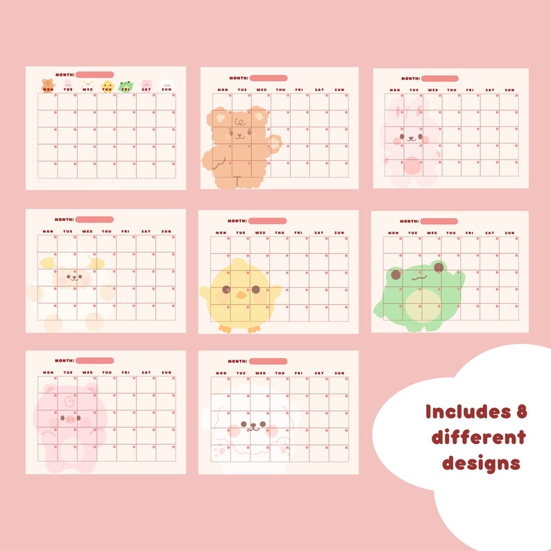 Cute Printable Undated Calendar | Cute Animal Calendar | Kawaii ...