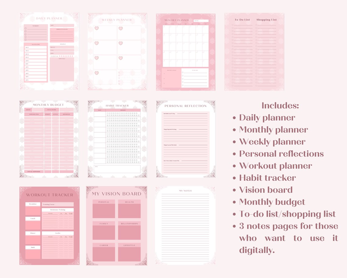 Cute Coquette Printable Planner Bundle Cute Pink Printable Stationery ...