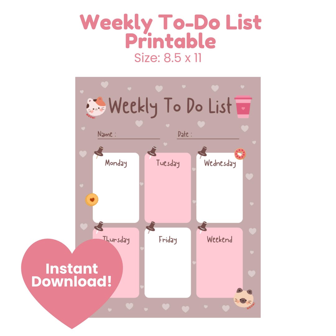 Cute Printable to Do List, Weekly to Do List, to Do List Digital, Cute ...