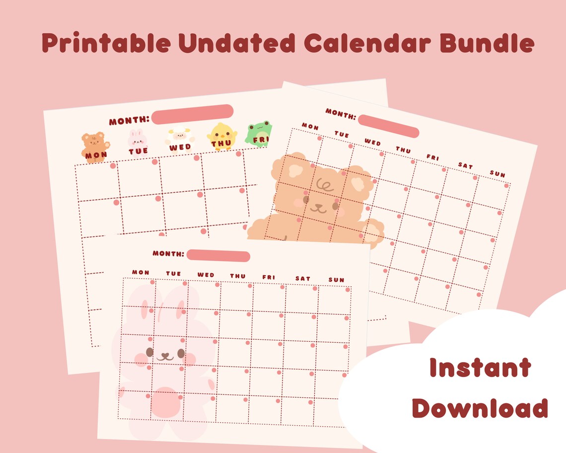 Cute Printable Undated Calendar Cute Animal Calendar - Etsy