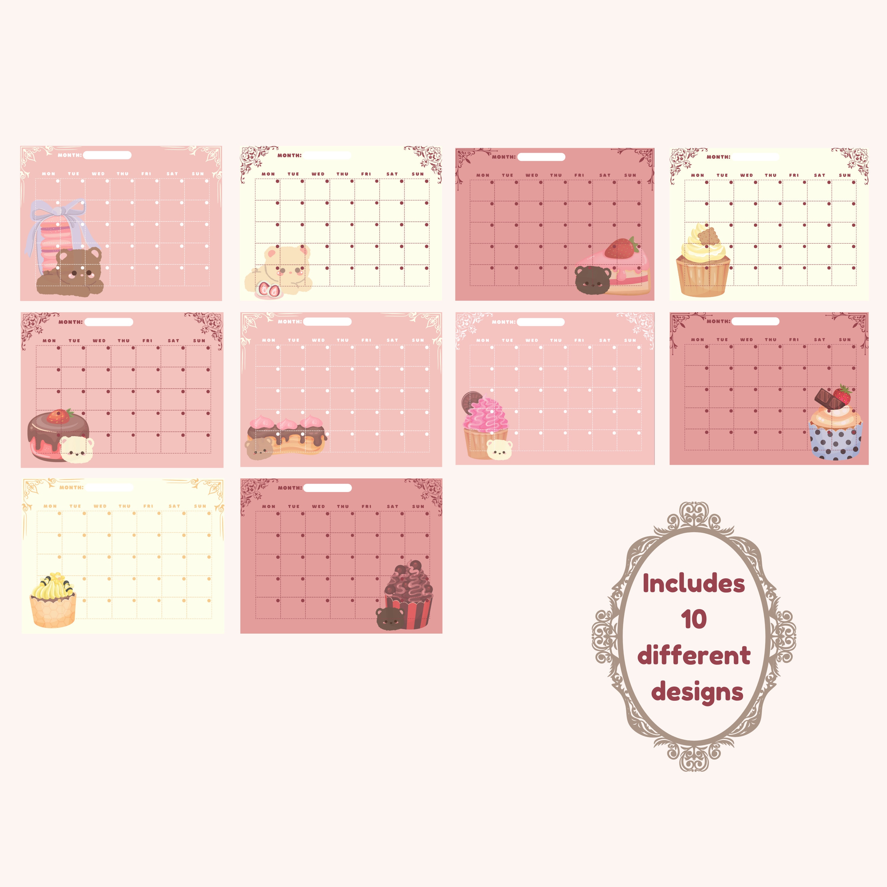 Cute Printable Undated Calendar Digital Cute Calendar Kawaii Printable ...