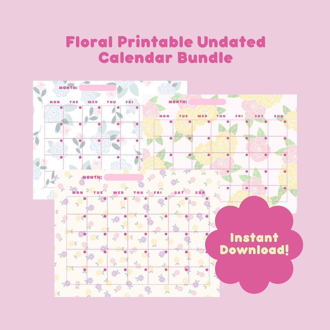 Cute Printable Undated Calendar, Cute Floral Calendar, Kawaii Printable ...