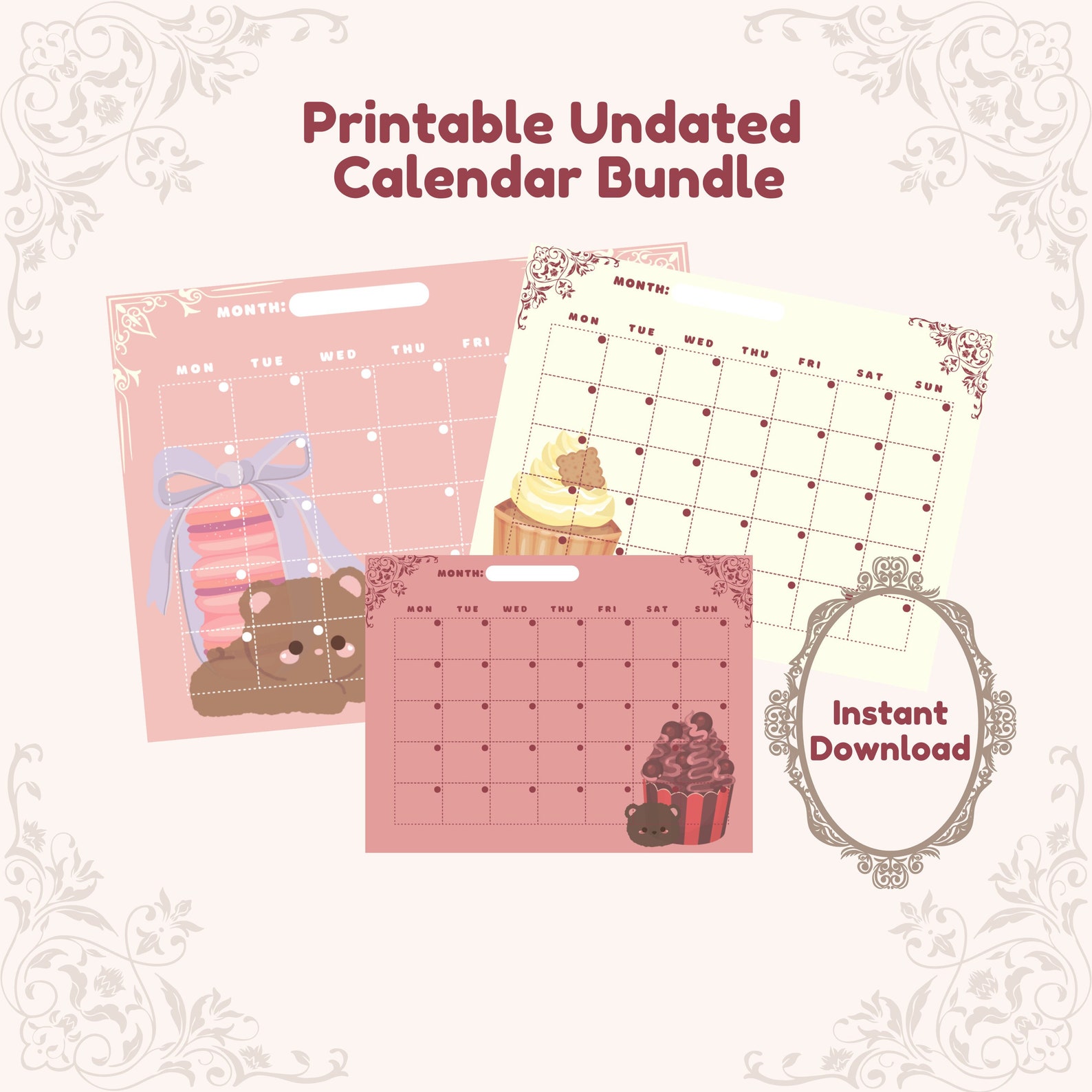 Cute Printable Undated Calendar Cute Animal Calendar - Etsy