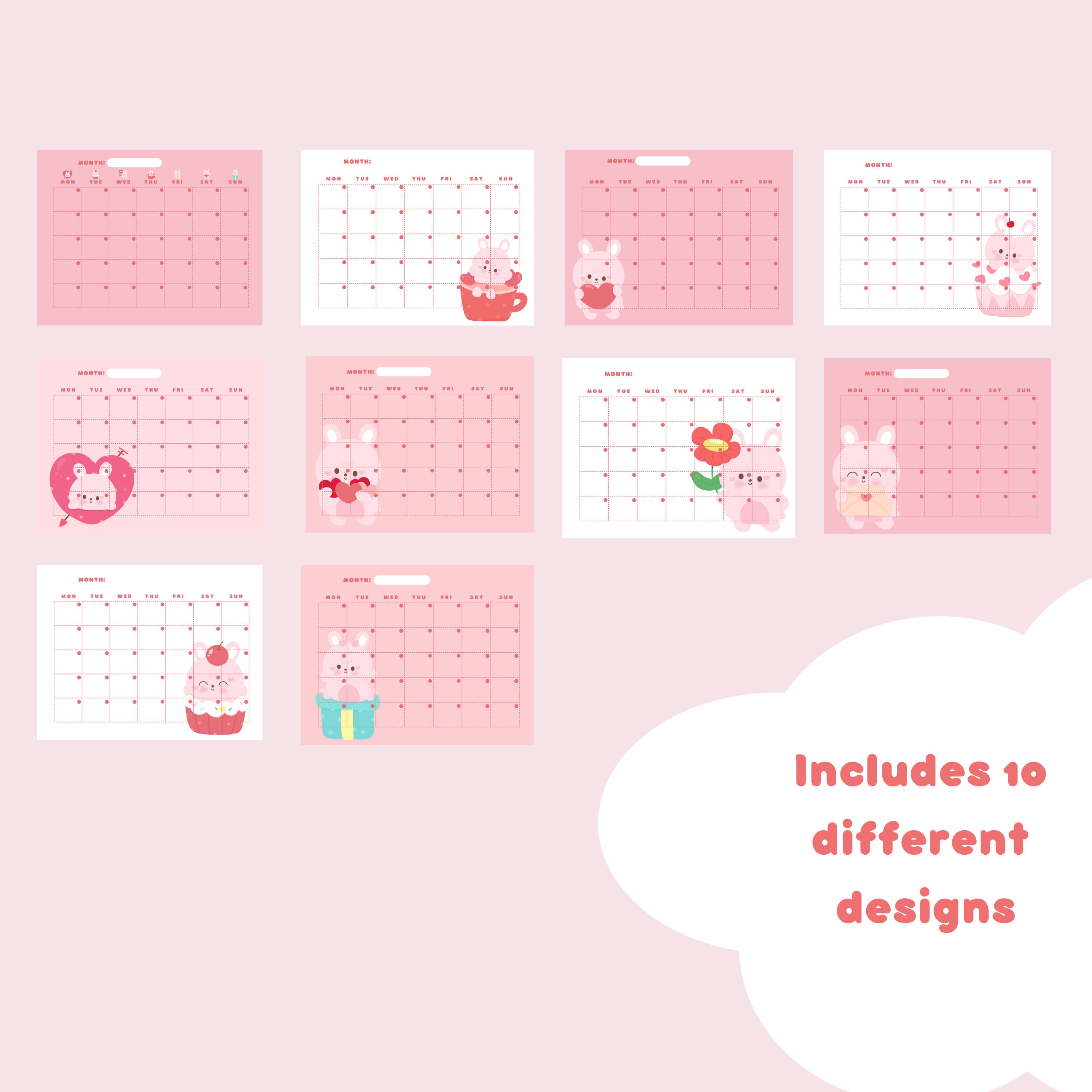 Cute Printable Calendar, Cute Pink Calendar, Kawaii Printable Calendar ...