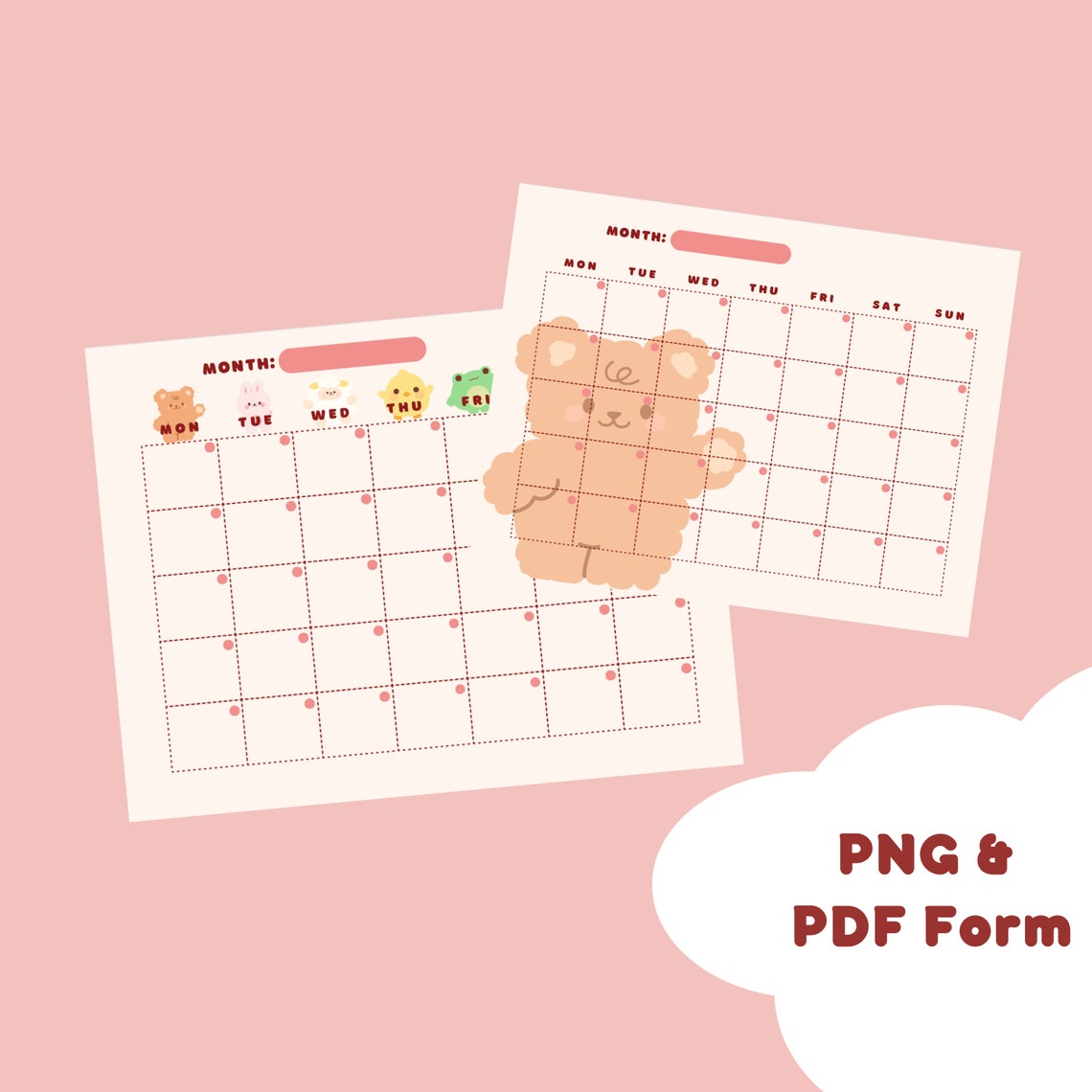 Cute Printable Undated Calendar | Cute Animal Calendar | Kawaii ...