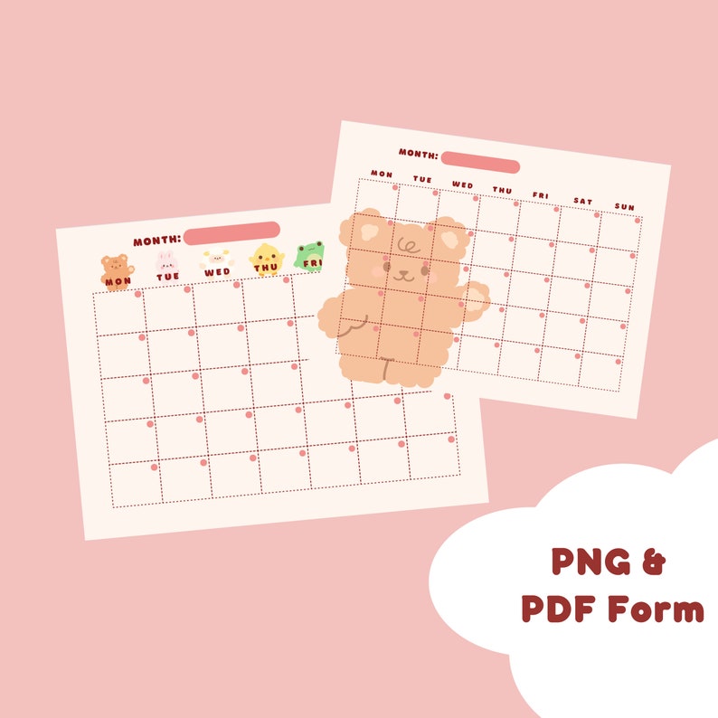 Cute Printable Undated Calendar | Cute Animal Calendar | Kawaii ...