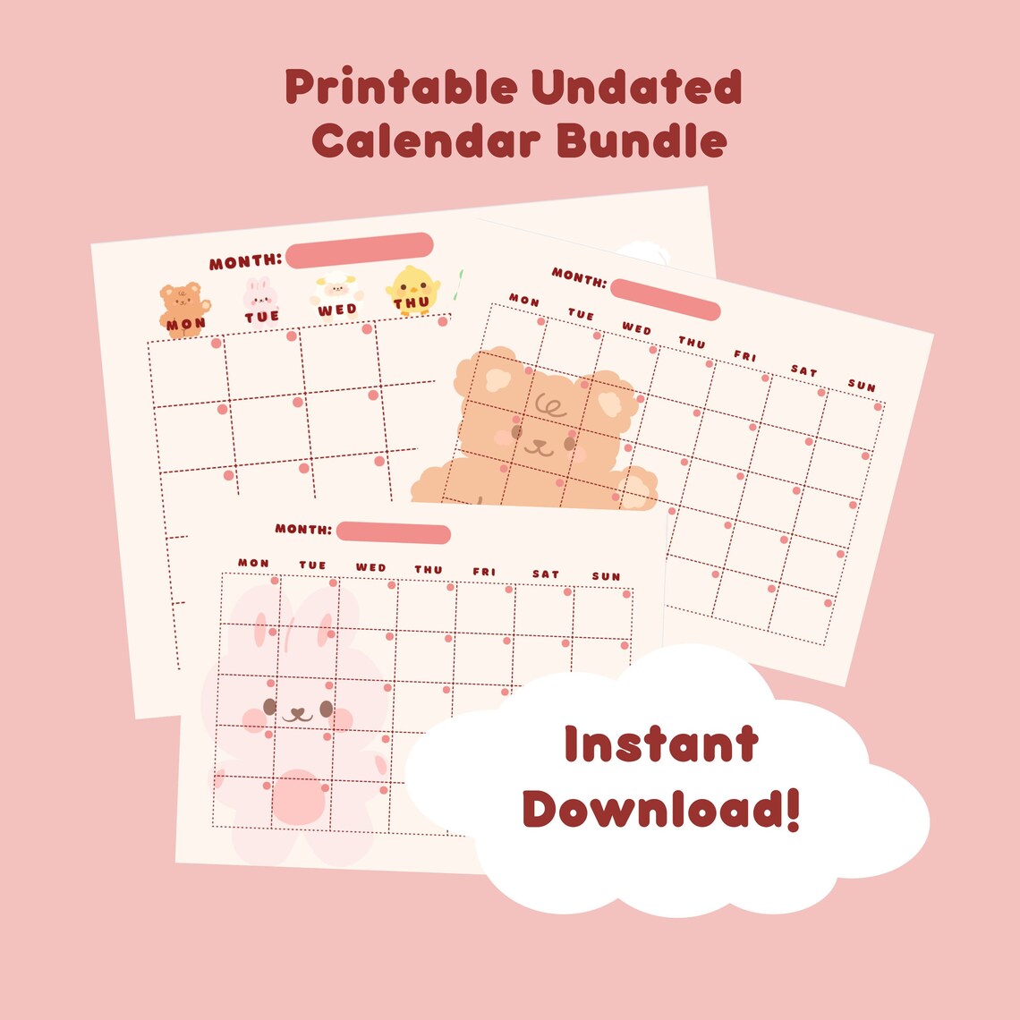 Cute Printable Undated Calendar | Cute Animal Calendar | Kawaii ...