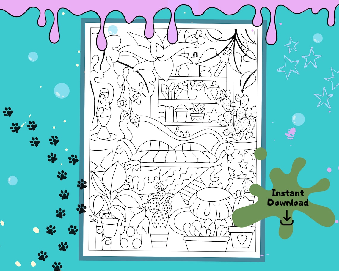 Printable Cat Home Coloring Pages Bundle Cozy and Whimsical Interior ...