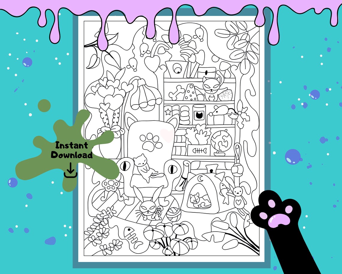 Printable Cat Home Coloring Pages Bundle Cozy and Whimsical Interior ...