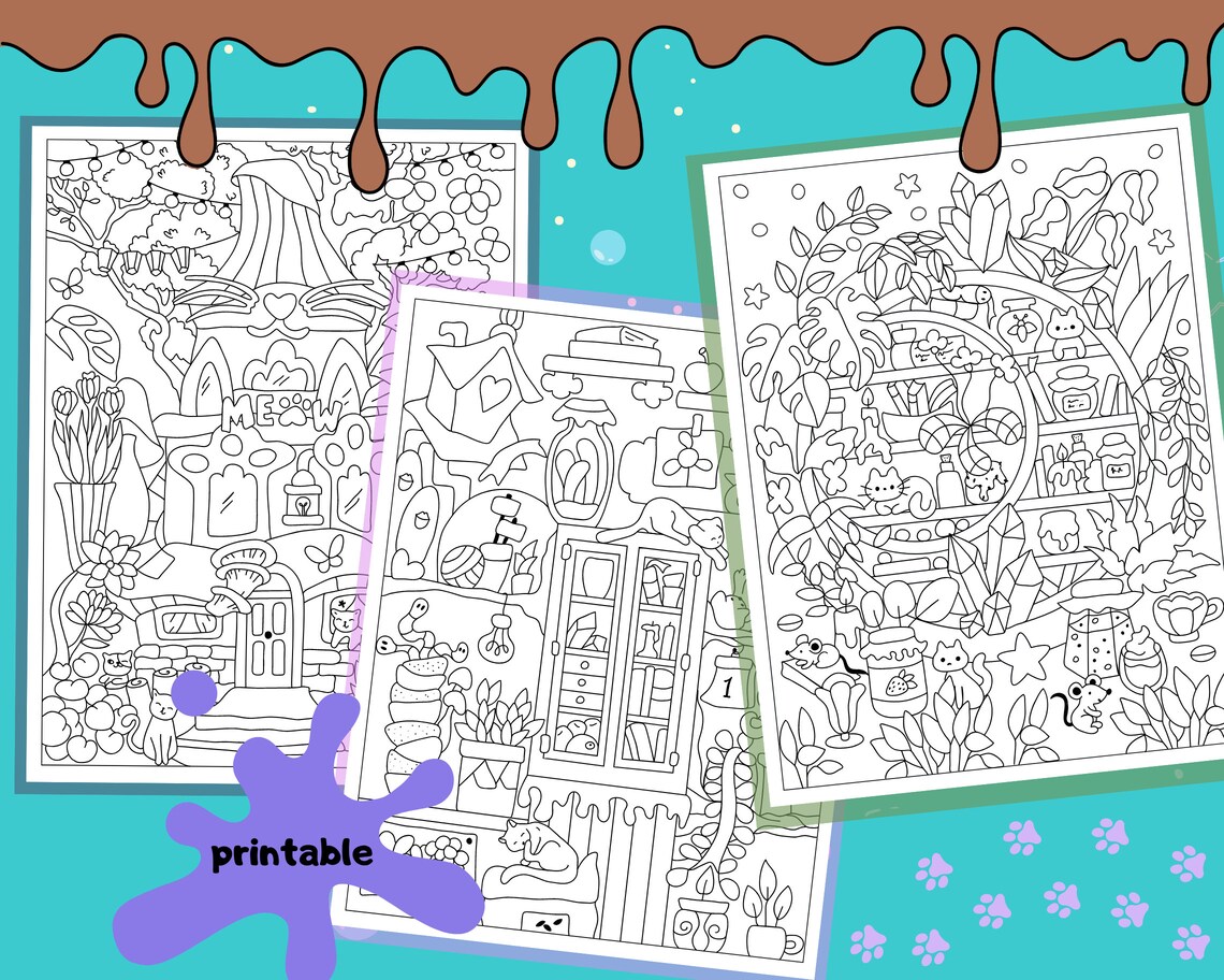 Printable Cat Home Coloring Pages Bundle Cozy and Whimsical Interior ...