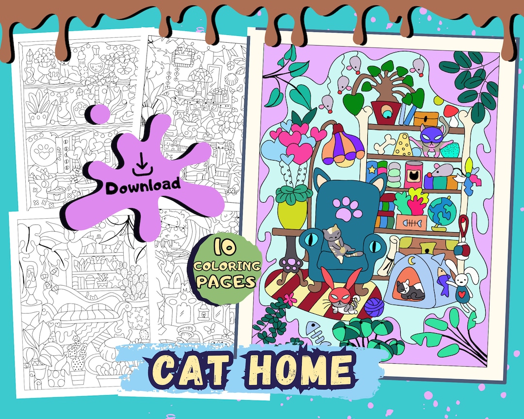 Printable Cat Home Coloring Pages Bundle | Cozy and Whimsical Interior ...