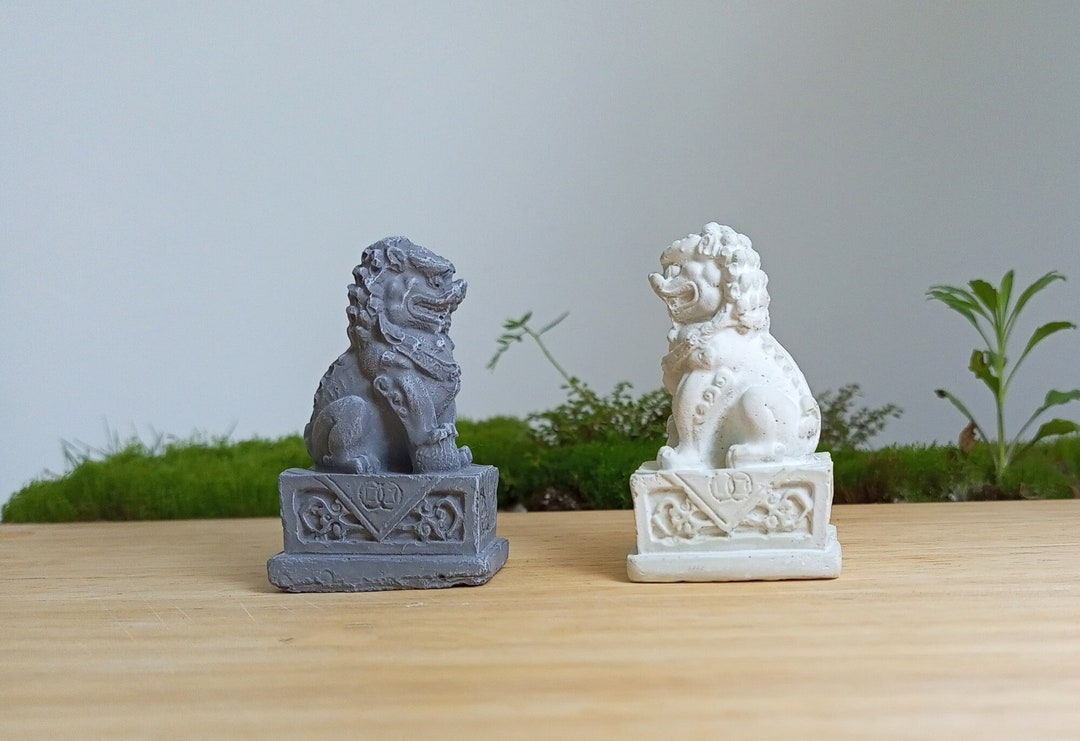 2 Miniature Concrete Foo Dog Statue - Stone Fu Dog Statue - Pair of Foo ...