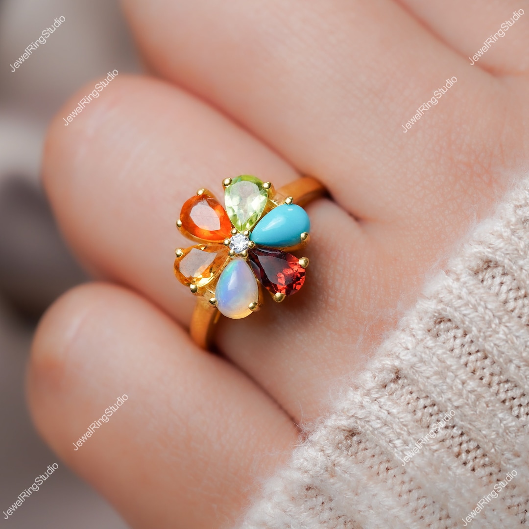Multi Gemstone Ring Gold Ring Multi Gemstone Ring Gift for Her Floral ...