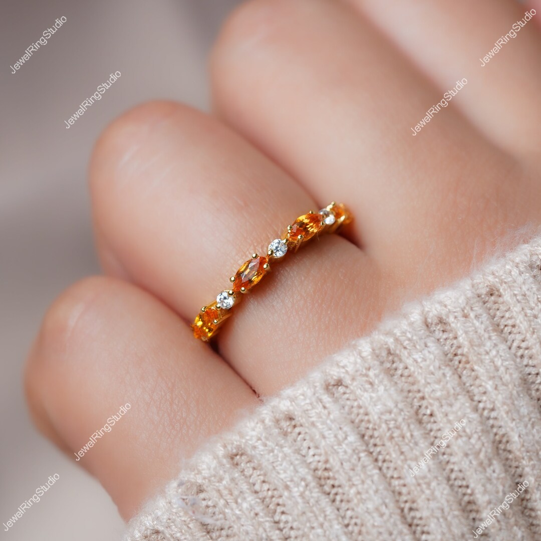 Orange Sapphire Ring, Sapphire Half Band, Sapphire Engagement Ring ...