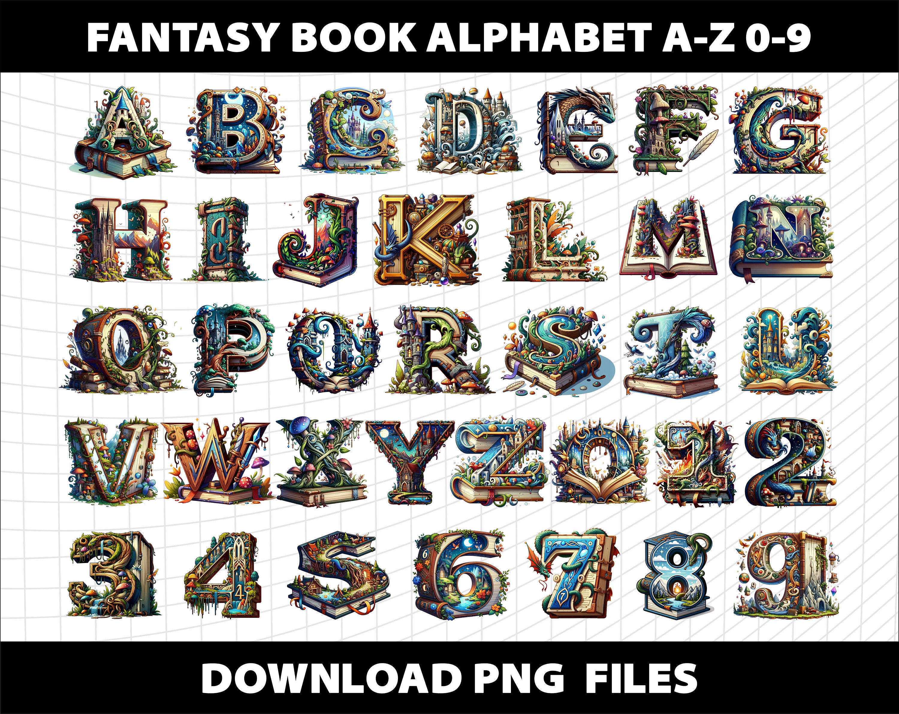 Fantasy Book Letters Alphabet Numbers Cliparts Bundle Sublimation PNG ...