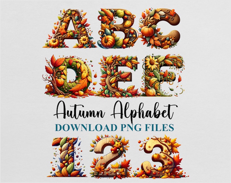 Autumn Fall Alphabet Letters Watercolor Cliparts Sublimation PNG Doodle ...