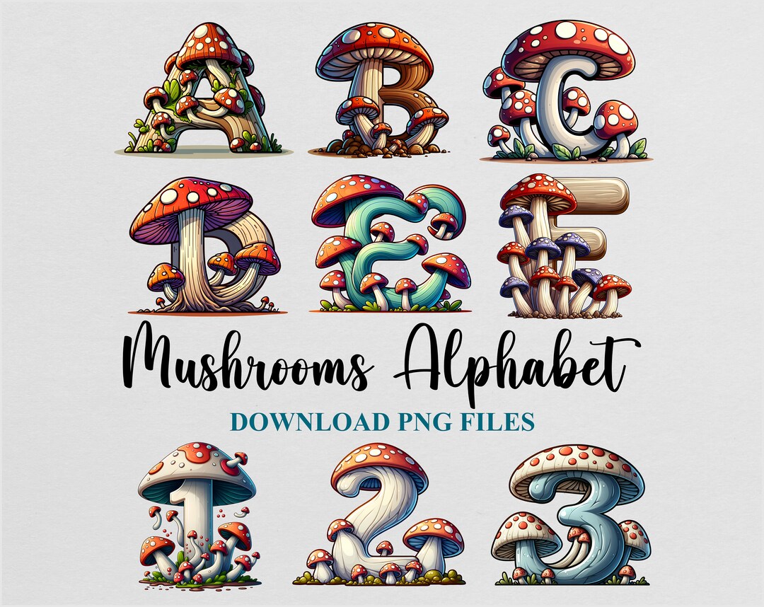 Mushrooms Letters Alphabet Numbers Cliparts Sublimation Tshirt Poster ...