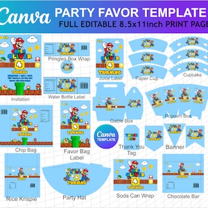 Mario Birthday Party Favor Canva Template Invitation Chip Bag Gable ...