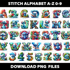 Lilo Stitch Alphabet Baby Girl Boy Letters Watercolor Cliparts DTF ...