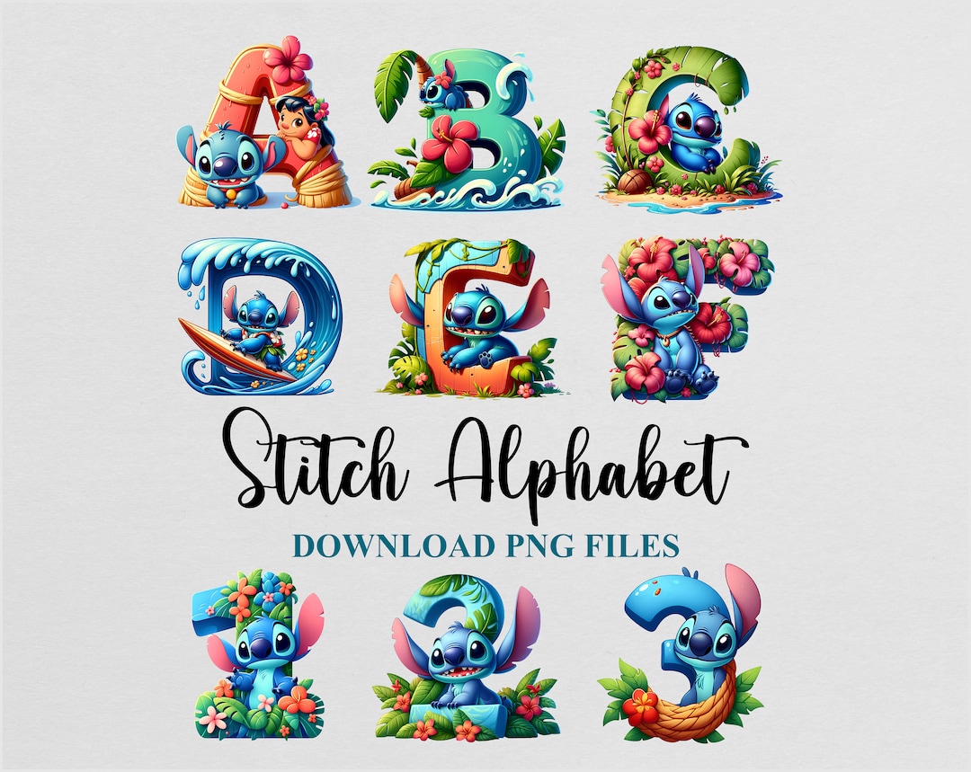 Stitch Alphabet Letters Watercolor Cliparts DTF Sublimation PNG Doodle ...