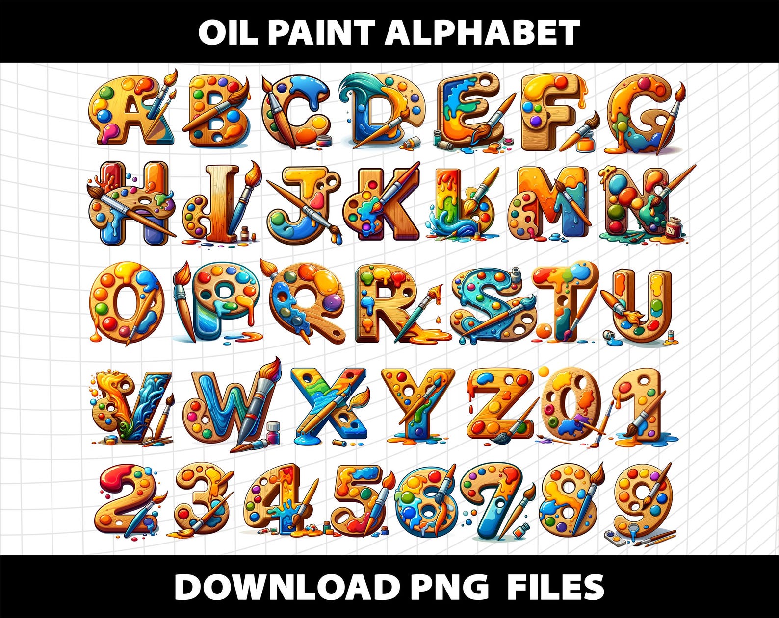Watercolor Oil Paint Artist Brush Alphabet Letters Cliparts Sublimation ...