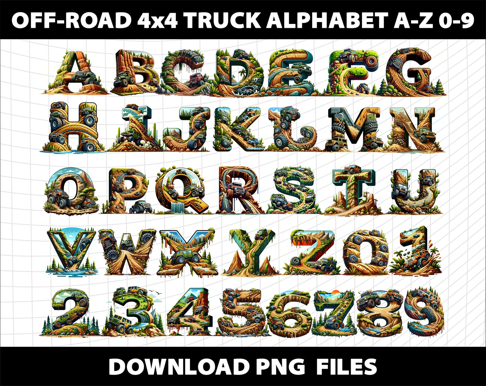 Off-road 4x4 Truck Landscape Mountain Alphabet Letters Watercolor ...