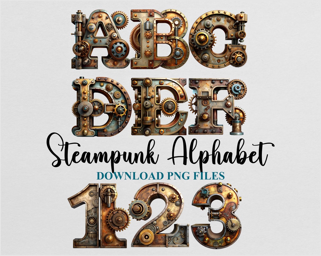 Steampunk Letters Alphabet Font Watercolor Cliparts Vintage Old Antique ...