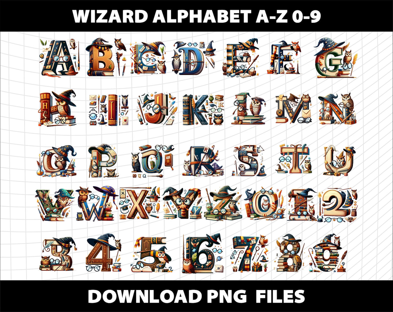 Magic School Wizard Fantasy Book Letters Alphabet Watercolor Birthday ...