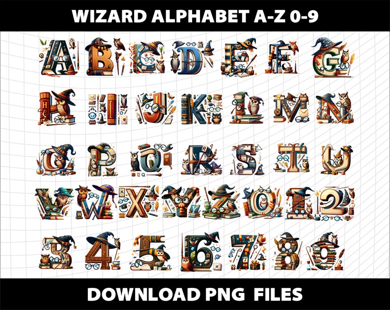 Magic School Wizard Fantasy Book Letters Alphabet Watercolor Birthday ...