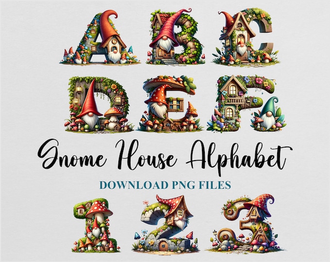 Gnome House Mushroom Alphabet Letters Cliparts Sublimation PNG Doodle ...