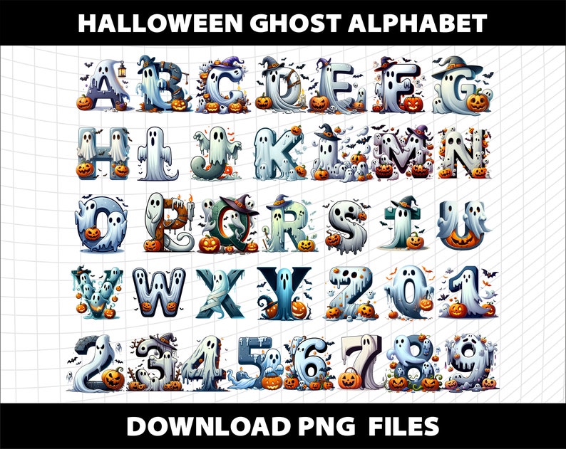 Halloween Ghost Spooky Alphabet Letters Cliparts Sublimation PNG Doodle ...