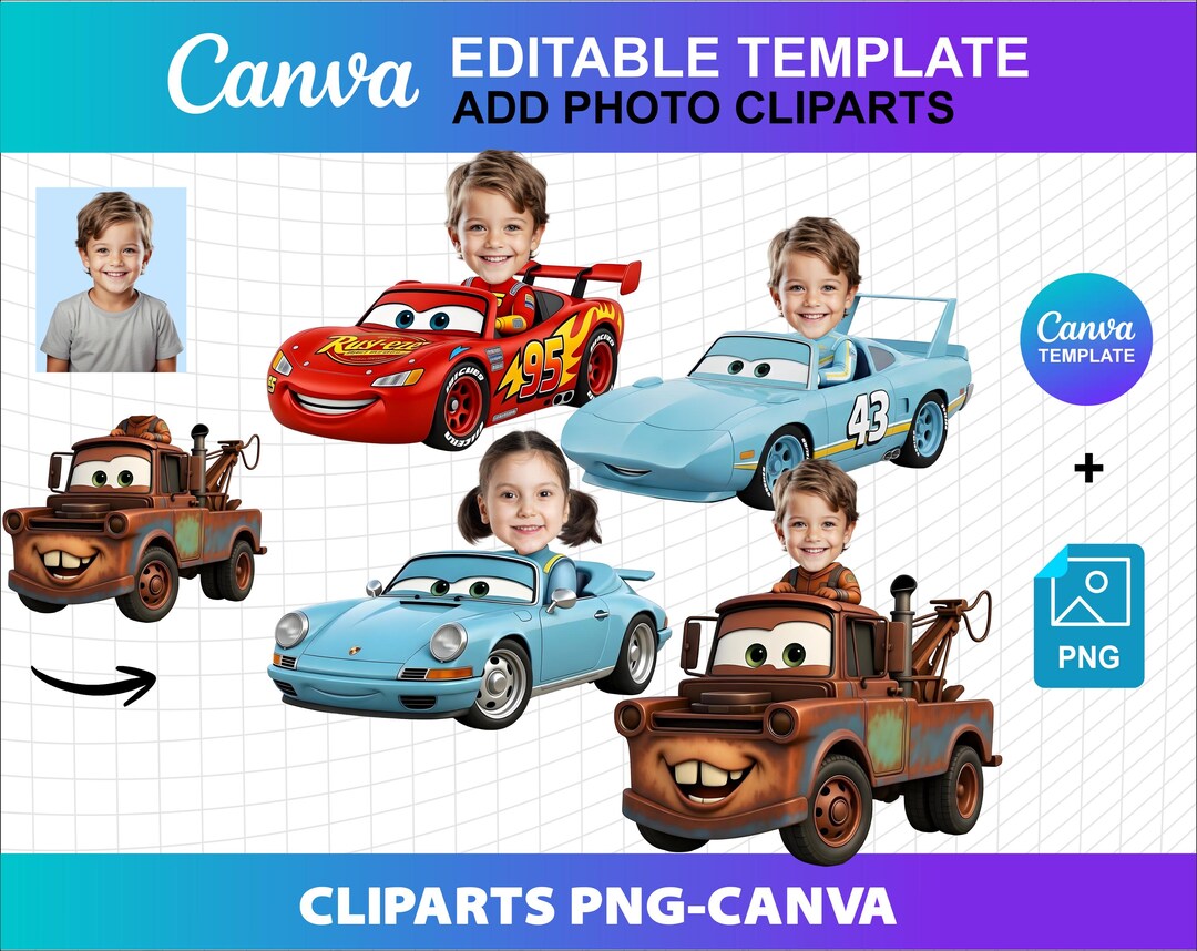 Cars Cliparts Customized Add Your Face Own Photo PNG - Canva Editable ...