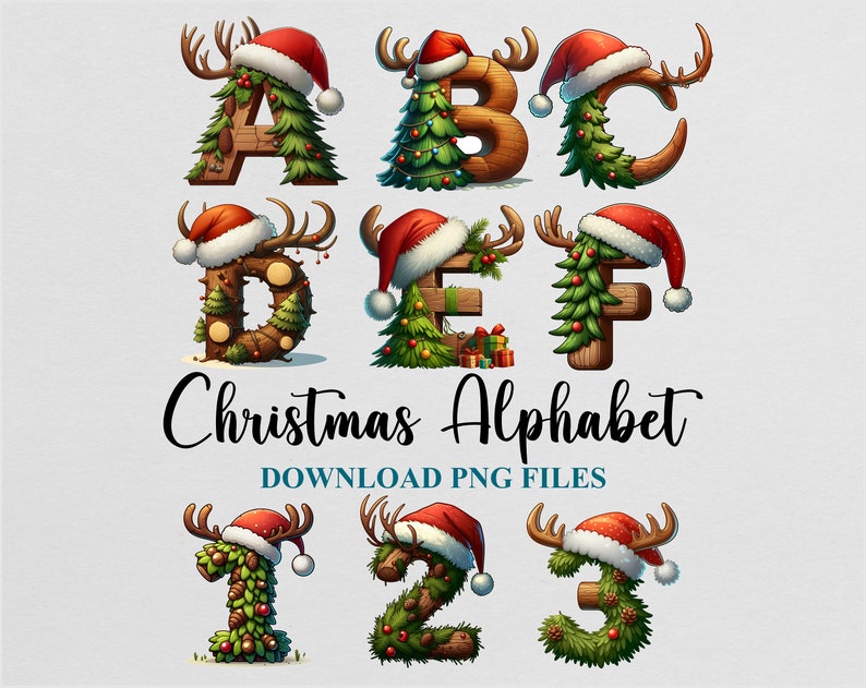 Christmas Alphabet Letters Cliparts Sublimation PNG DTF Tree Deer Santa ...
