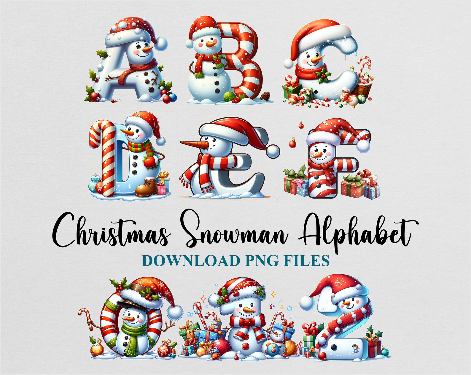 Christmas Snowman Alphabet Letters Cliparts Sublimation PNG DTF Design ...