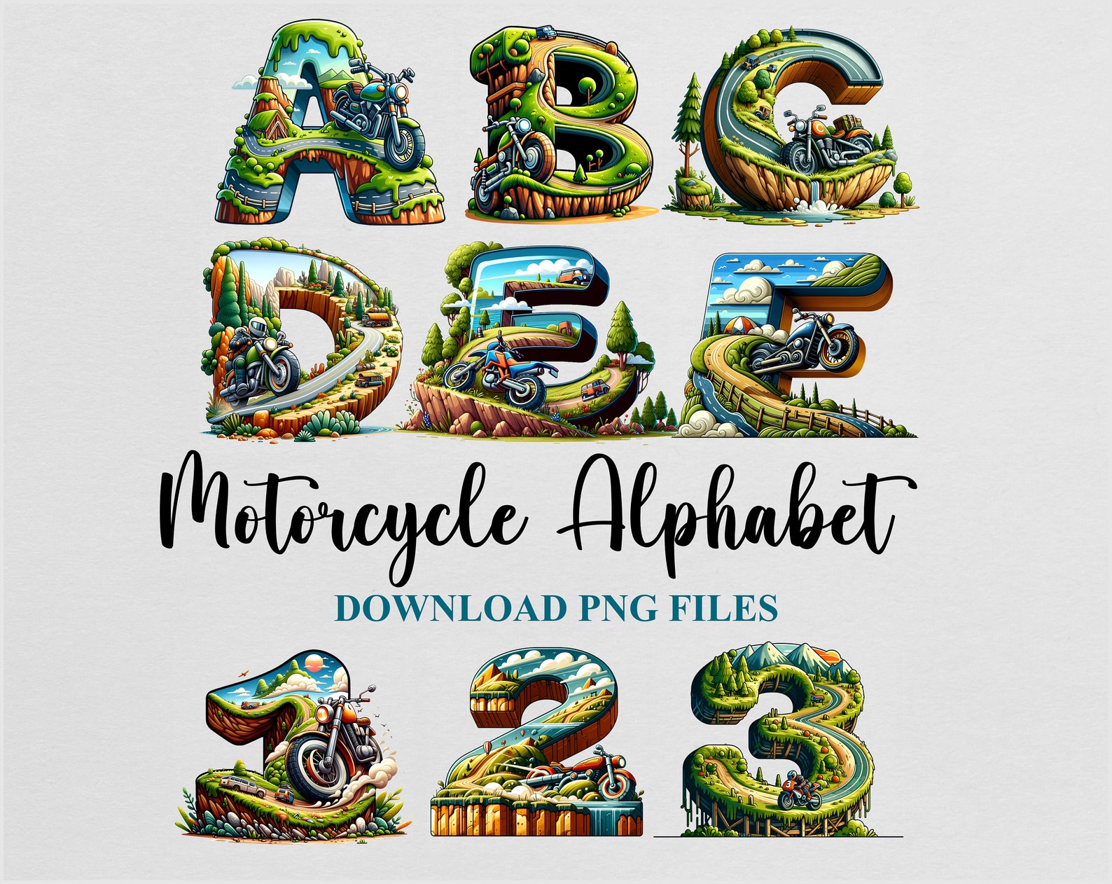 Motorcycle Landscape Mountain Off-road Alphabet Letters Cliparts ...