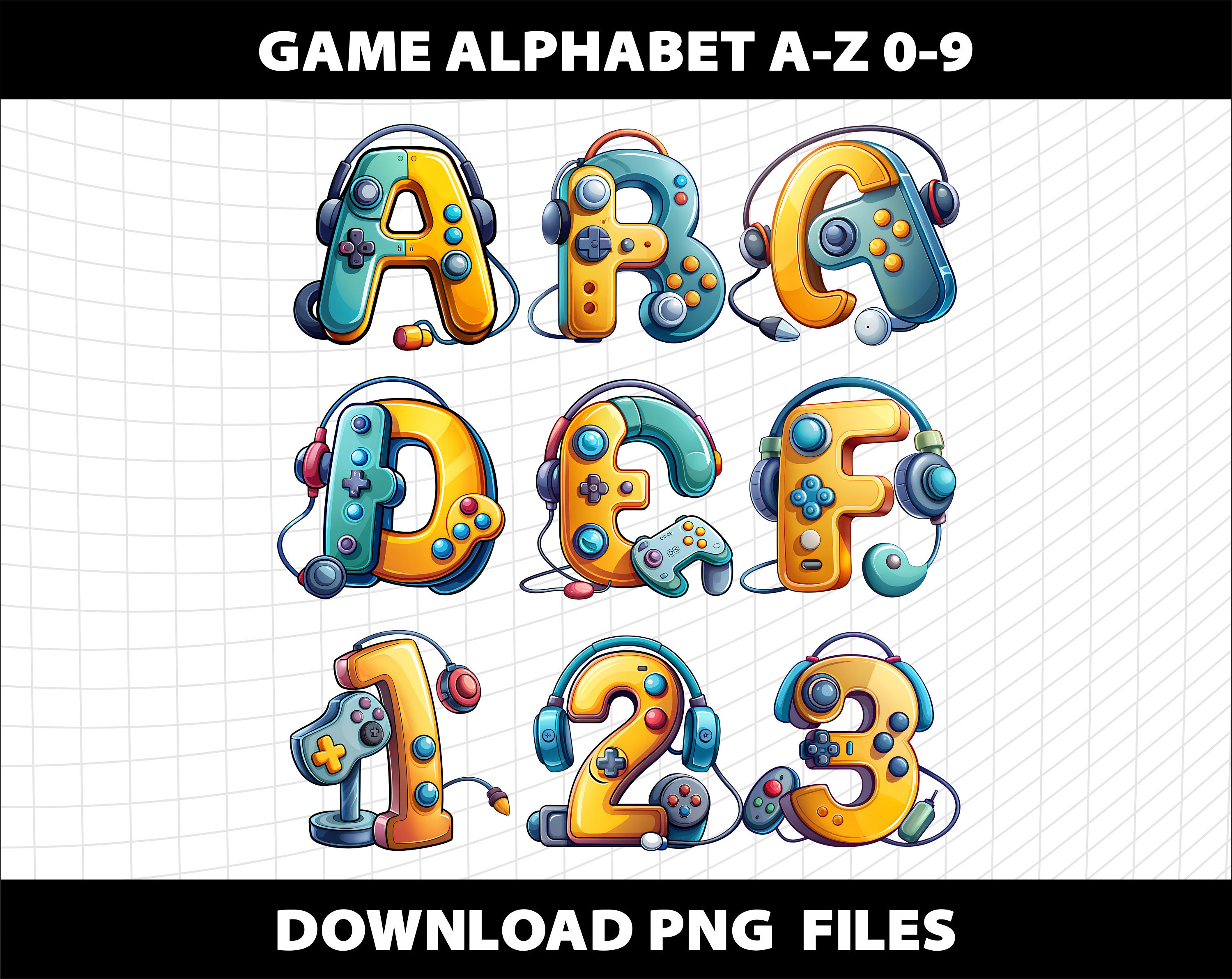 Gamer Letters Alphabet Numbers Bundle Joystick and Earphones Cliparts ...