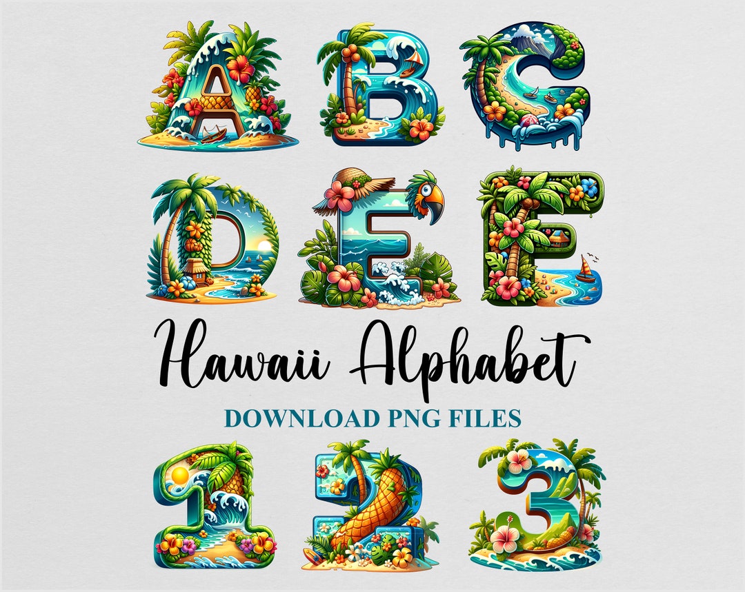 Hawaii Letters Alphabet Numbers Cliparts Bundle Sublimation PNG Design ...