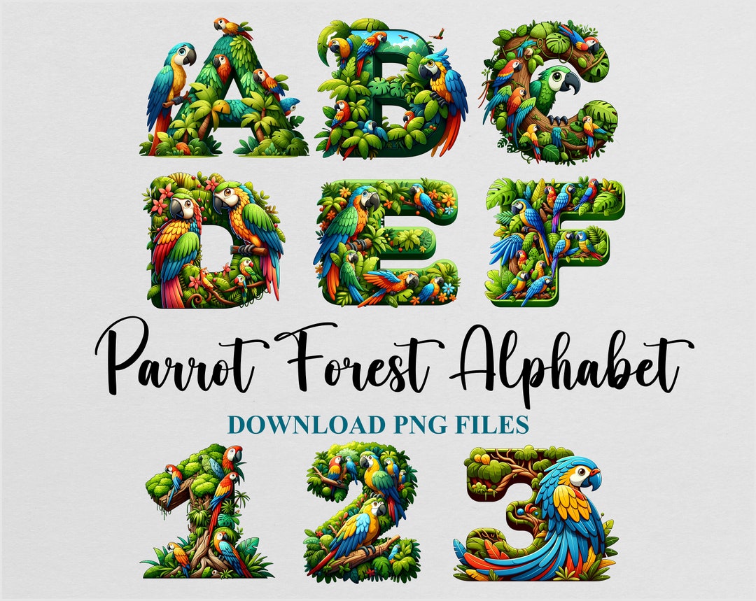 Parrot Forest Exotic Birds Jungle Letters Alphabet Cliparts Watercolor ...