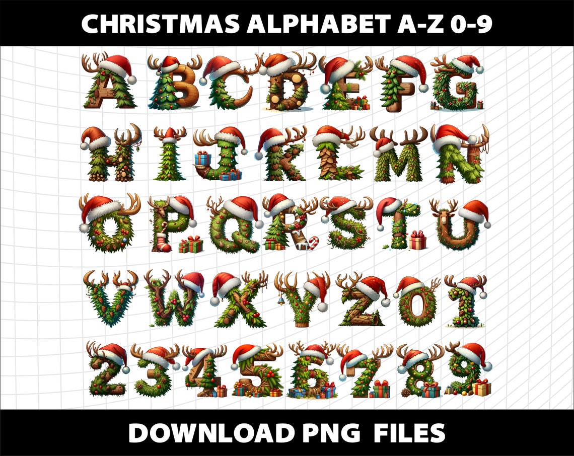 Christmas Alphabet Letters Cliparts Sublimation PNG DTF Tree Deer Santa ...