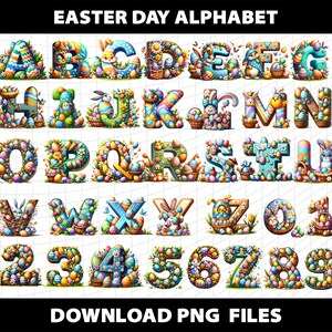 Easter Day Alphabet Letters Cliparts Egg Bunny Sublimation PNG Doodle ...