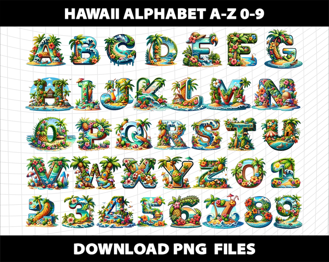 Hawaii Letters Alphabet Numbers Cliparts Bundle Sublimation PNG Design ...