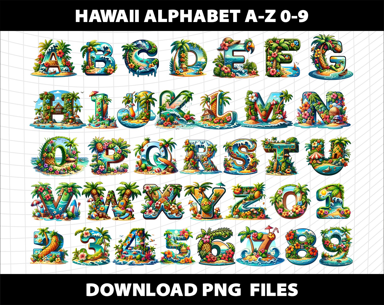 Hawaii Letters Alphabet Numbers Cliparts Bundle Sublimation PNG Design ...