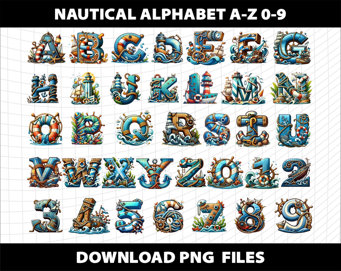 Nautical Sailing Letters Alphabet Numbers Cliparts Bundle Sublimation ...